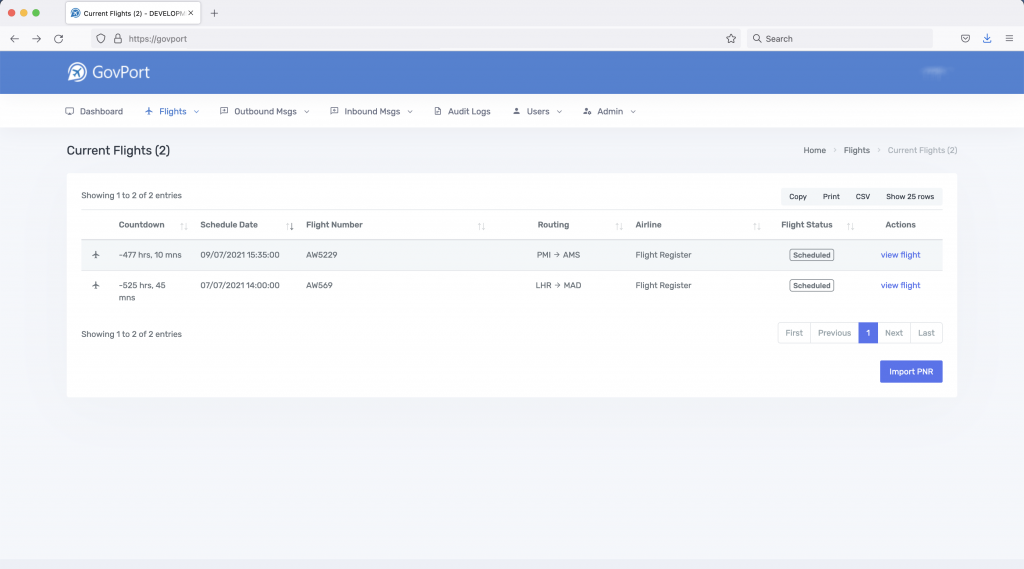 PNRGOV for Charter Airlines - Flight Register